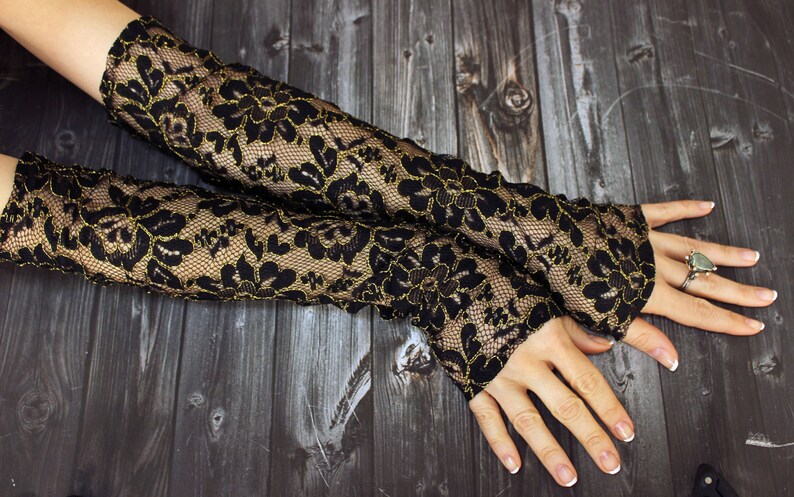 Long Black Gold Lace Gloves Opera Gloves Belly Dance Costume - Etsy