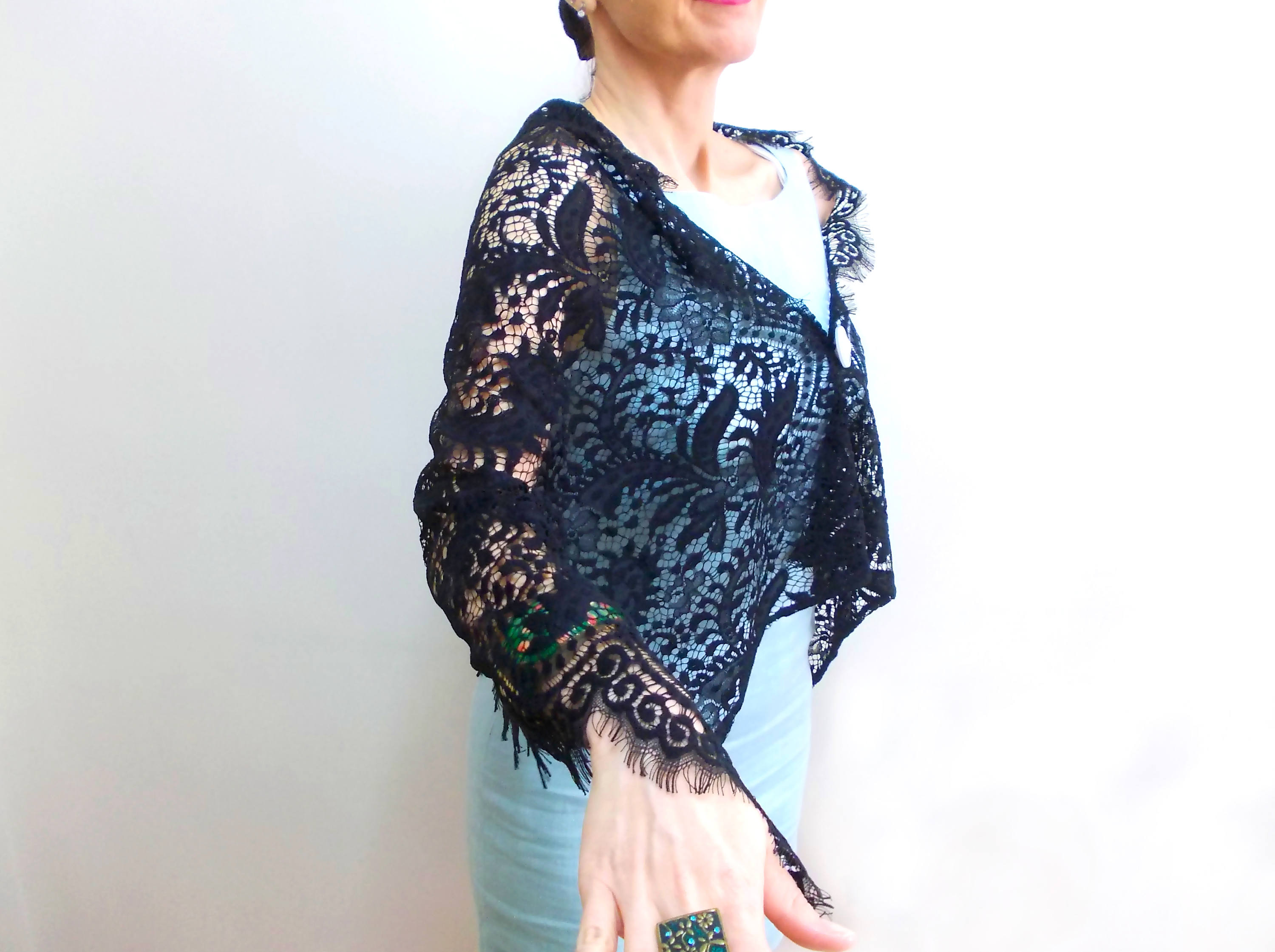Black Lace Shawl, Lace Shrug Long Shawl, Evening Shawls Wraps, Plus ...
