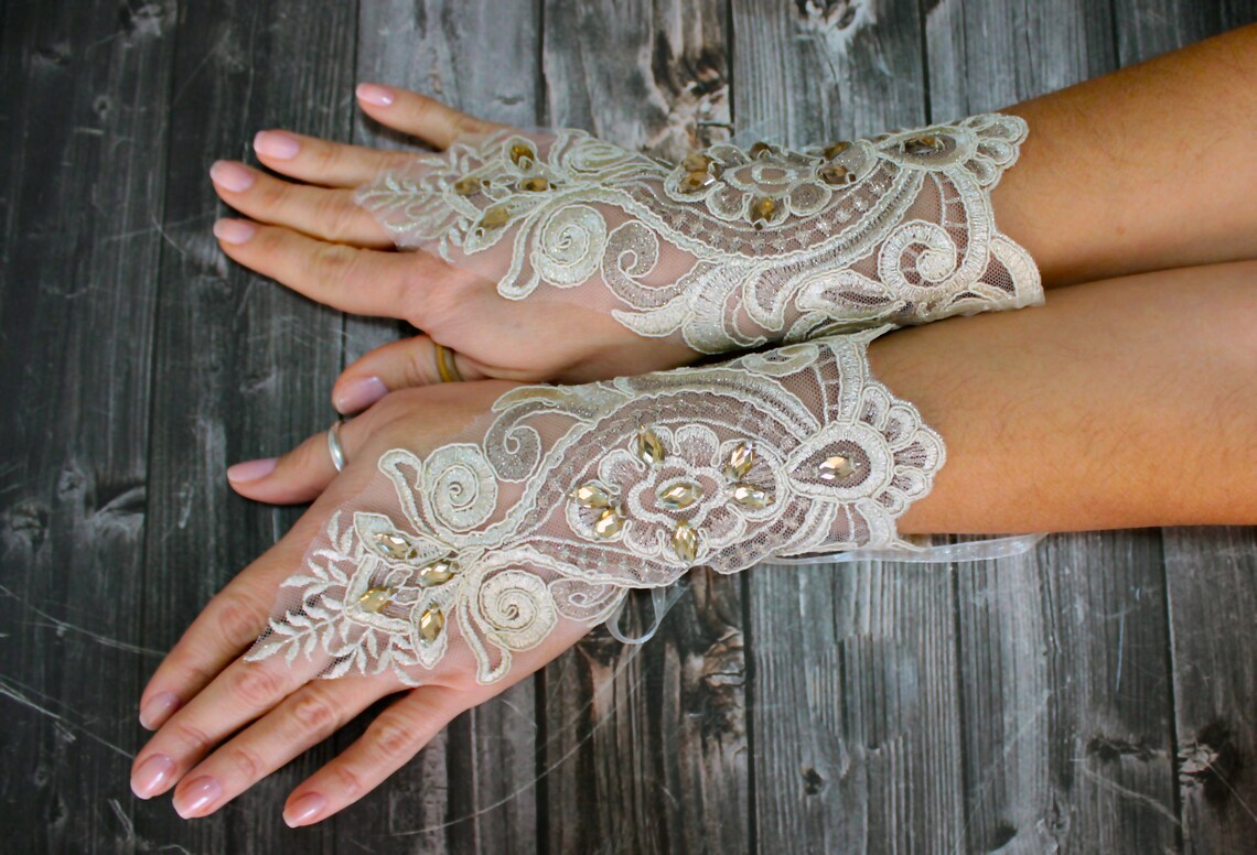 Bridal Gloves Gold Champagne Bead Embroidered Fingerless Lace - Etsy