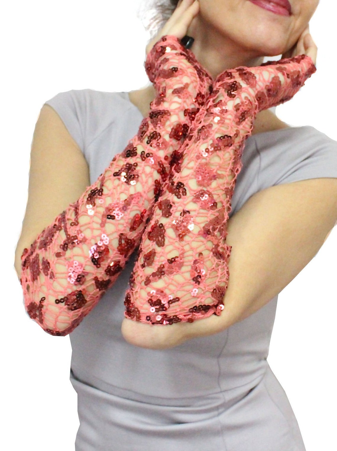 Peach Beaded Lace Gloves Unique Gifts Embroidered Lace Fingerless ...