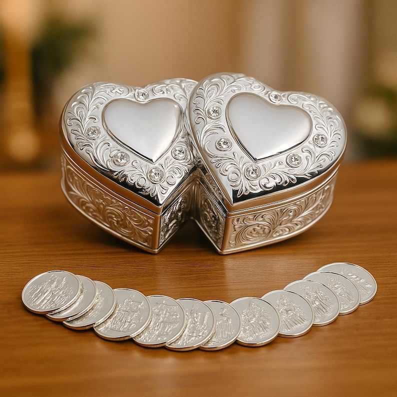 Elegant Silver Double Heart Wedding Arras With 13 Coins Set, Ring Box ...