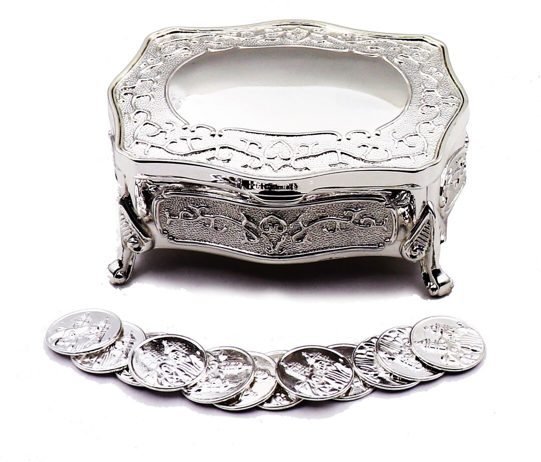 Silver Footed Floral Wedding Arras Box With Coins Set, Wedding Unity ...