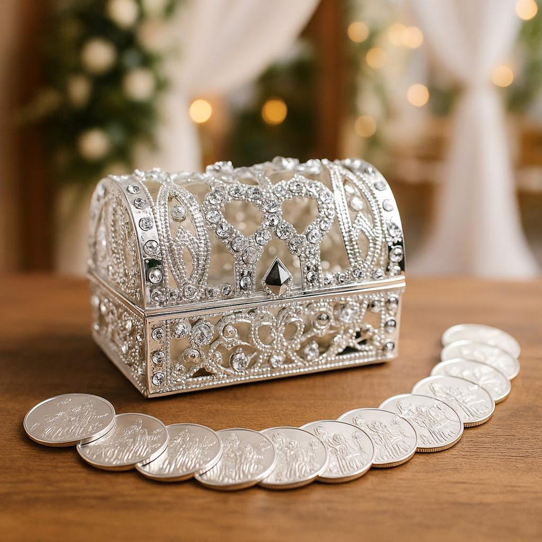 Wedding Arras, Silver Treasure Chest Box Wedding Arras Set With 13 ...