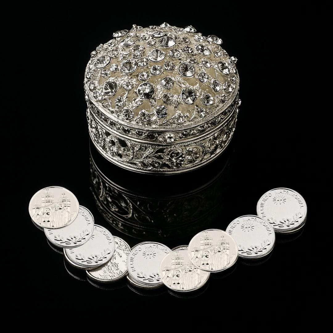 Wedding Arras, Silver Round Rhinestone Wedding Arras Box Set With Unity ...