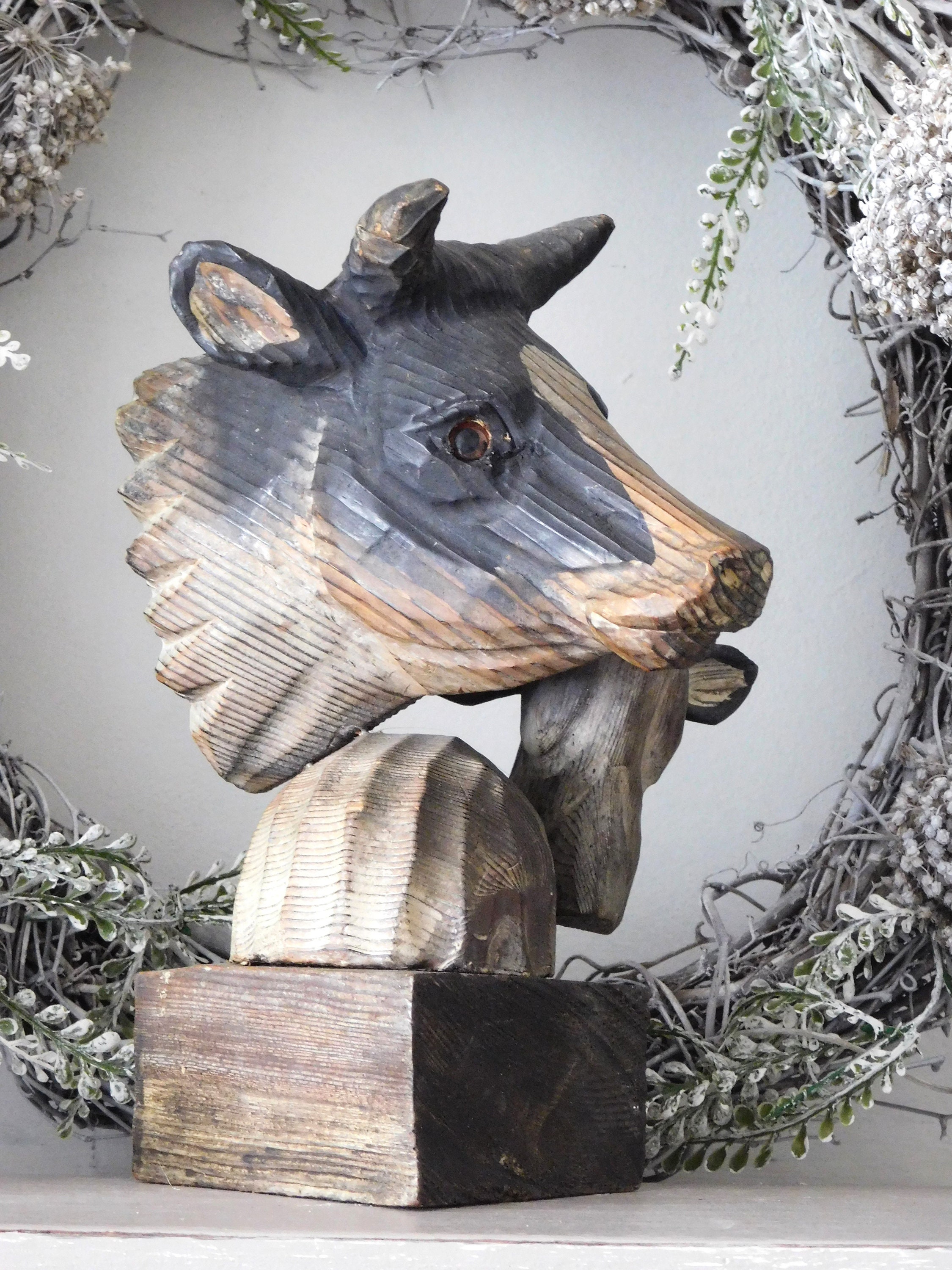 Vintage Hand Carved Wood Cow and Calf Heads With Glass Eyes, Hand ...