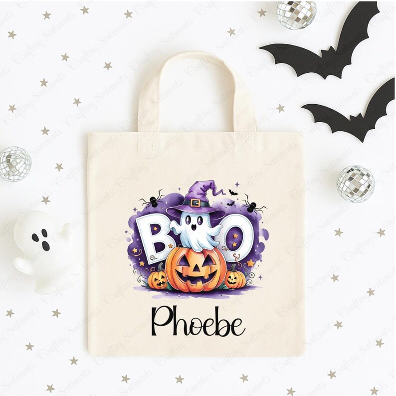 Personalized Halloween Trick or Treat Bag: Ghost & Pumpkins Cotton Tote ...
