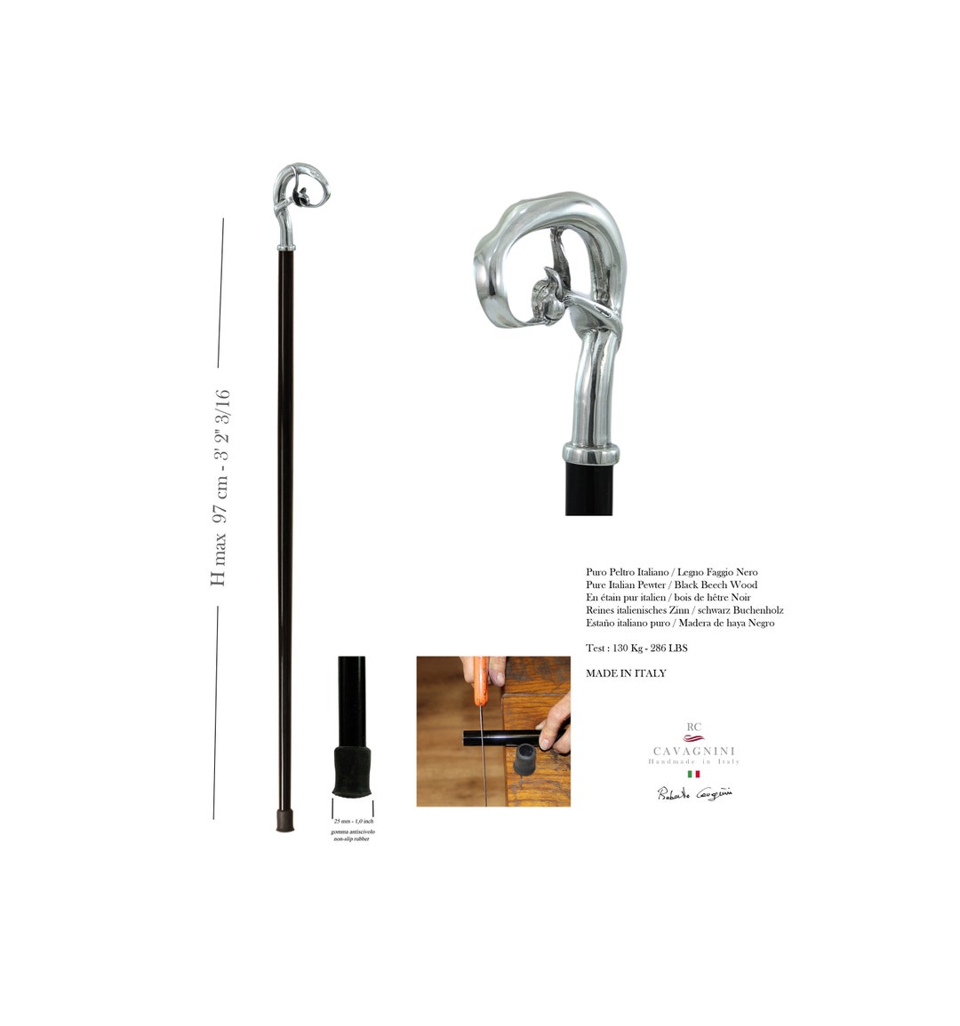 CAVAGNINI Walking Cane Wooden Pewter Elegant Ergonimic Handle Men and ...