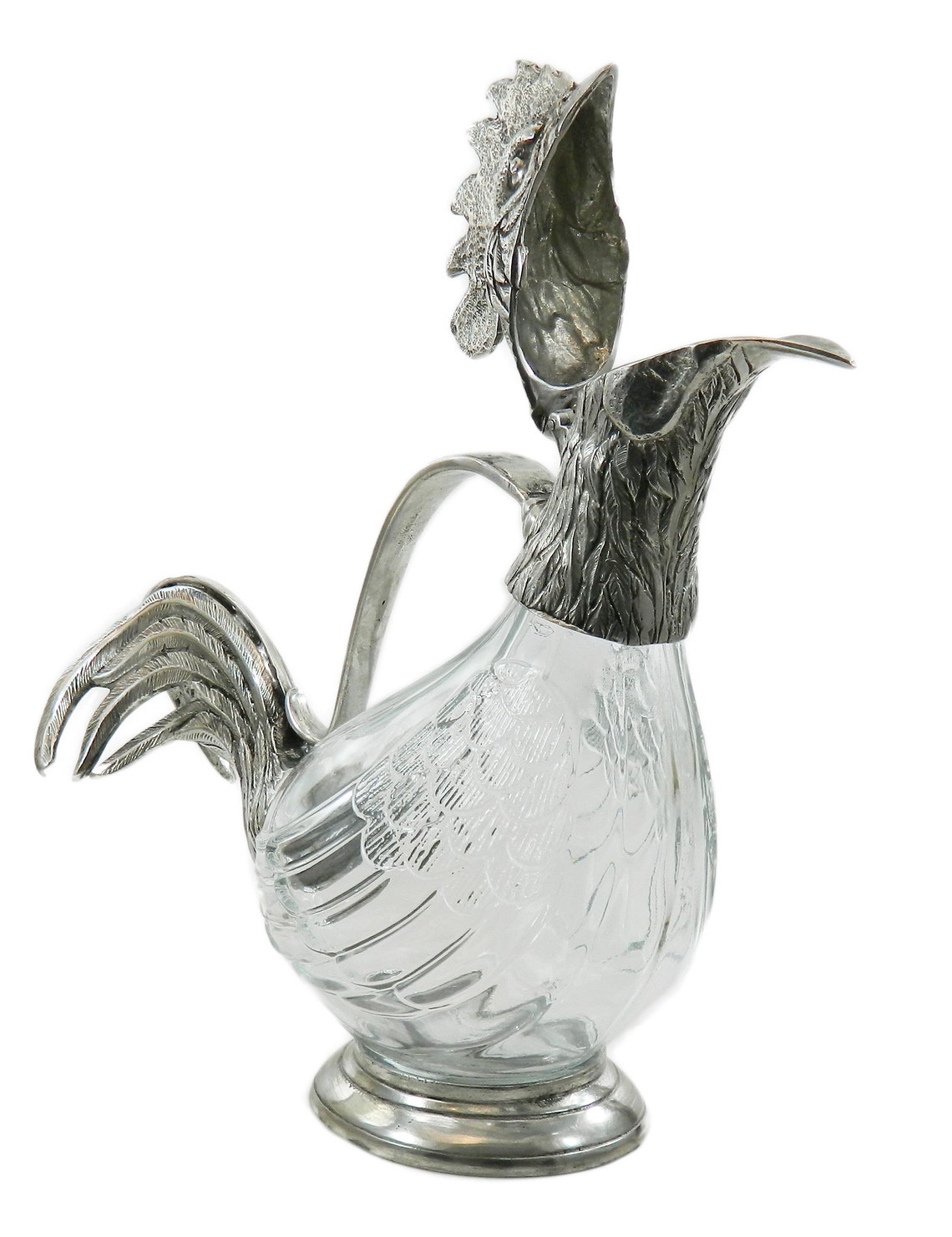 Beautiful Pewter and Glass Rooster Decanter Bottle for Wine, Height 25 ...