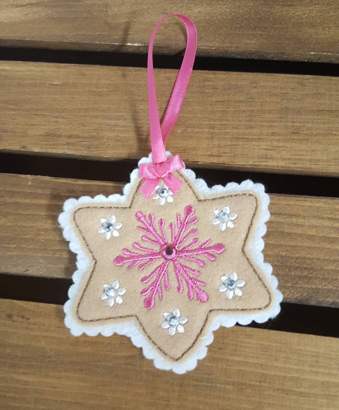Pink Snowflake Christmas Ornament, Embroidered Snowflake Ornament ...