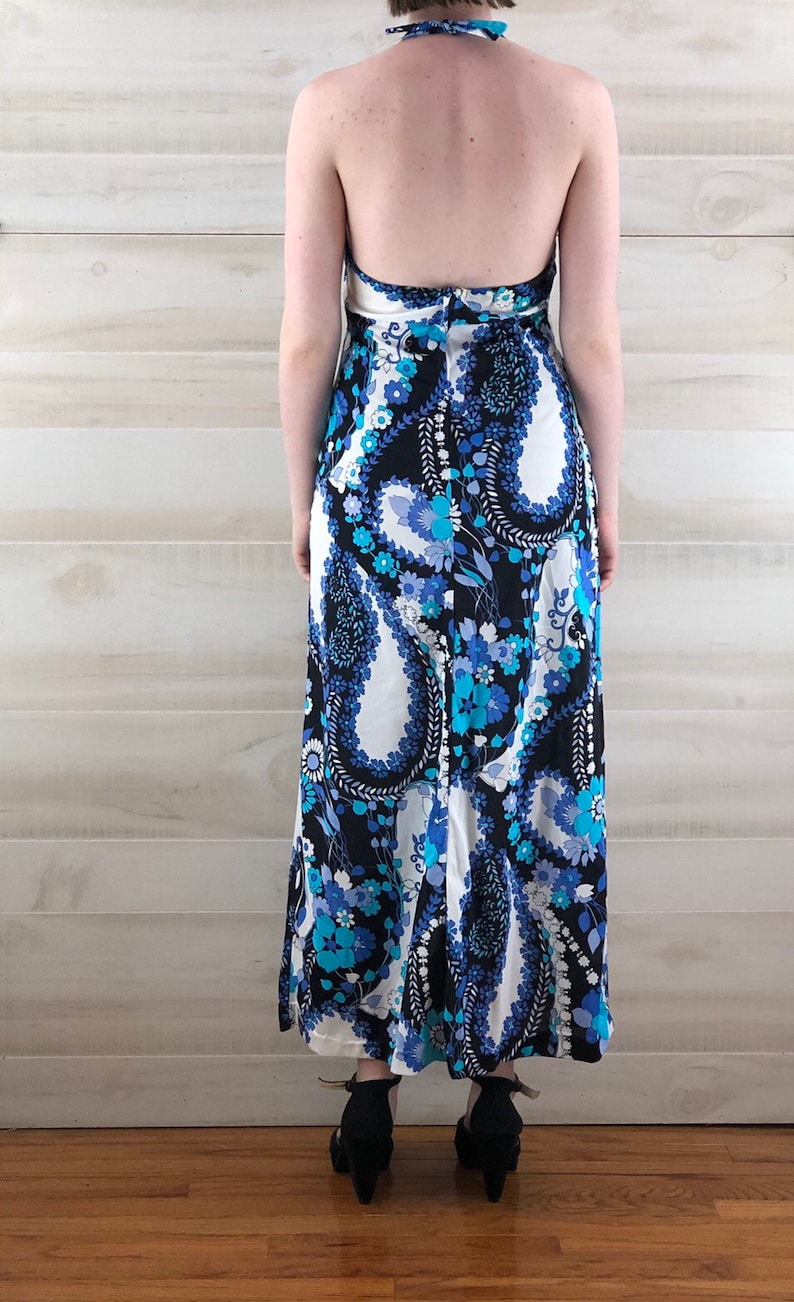 60s Vintage Psychedelic Hippie Halter Long Blue Maxi Dress S M - Etsy