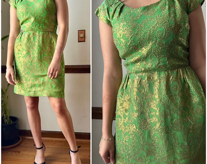 Vintage 60s Green Gold Metallic Formal Cocktail Party Dress Mad Men ...