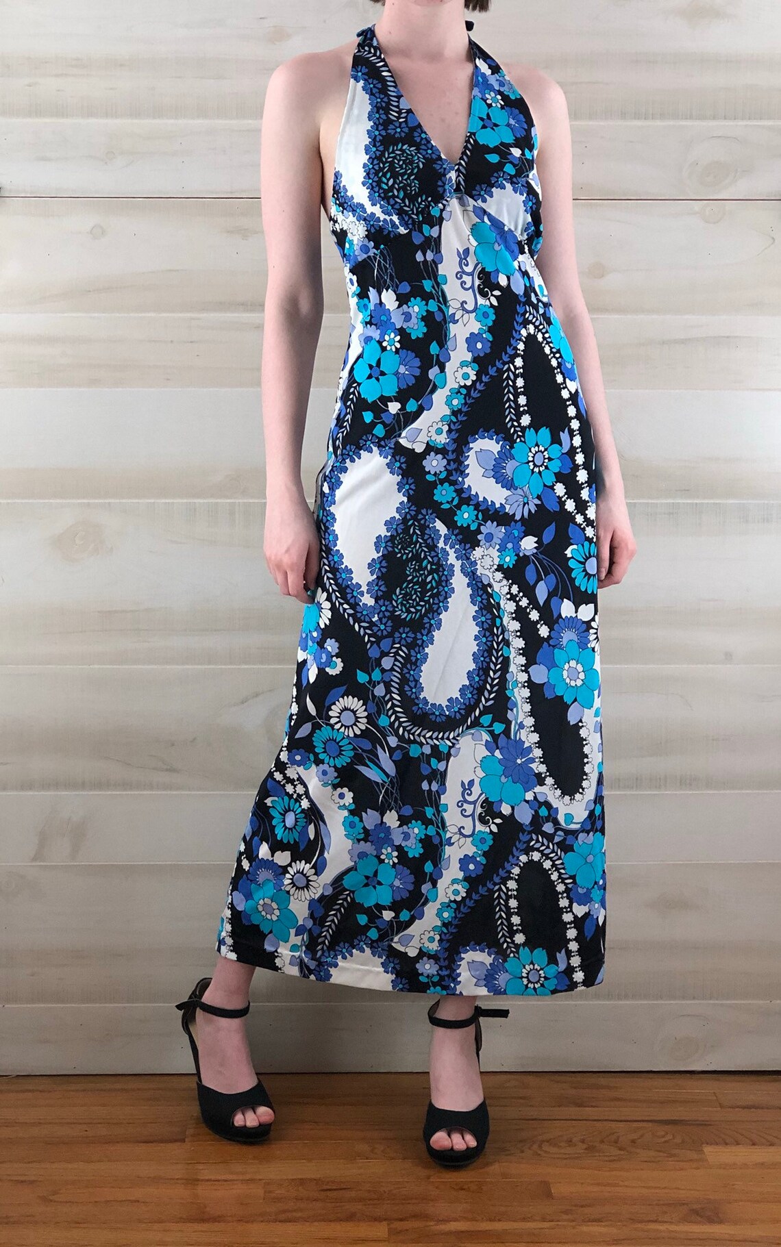 60s Vintage Psychedelic Hippie Halter Long Blue Maxi Dress S M - Etsy