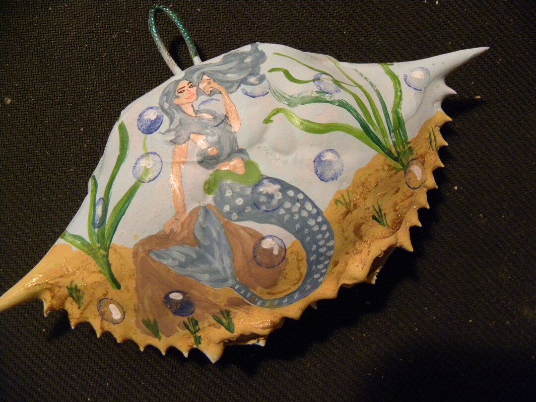 Beautiful Blue Haired Mermaid Painted Crab Shell Ornament. Packaged in ...