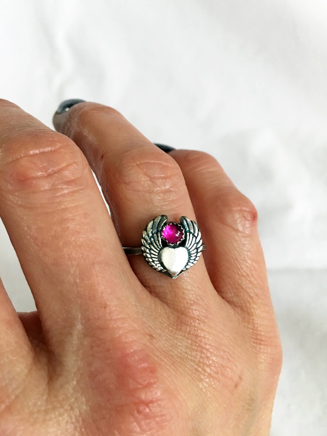 Winged Heart Ring, Flying Heart Ring, Gemstone Heart Ring, Heart With ...