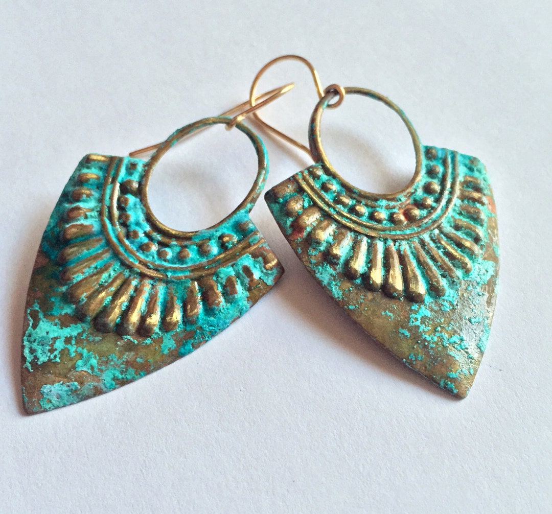Patina Earrings/ Verdigris Tribal Shield Earrings/ Verdigris Earrings ...
