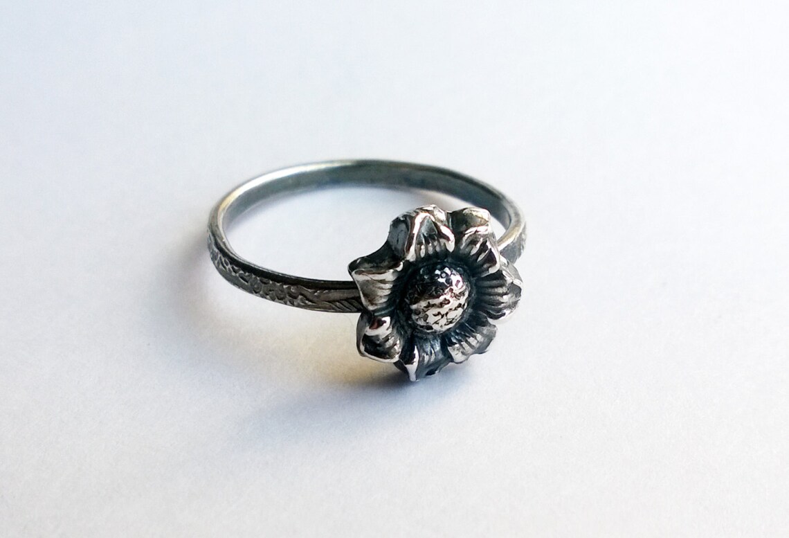 Silver Sunflower Ring, Sunflower Ring, Flower Stacking Ring, Antiqued ...