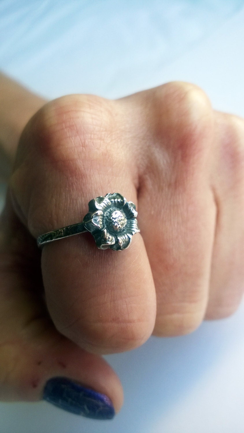 Silver Sunflower Ring, Sunflower Ring, Flower Stacking Ring, Antiqued ...
