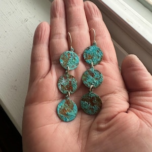Long Patina Coin Drop Earrings, Rustic Verdigris Jewelry - Etsy