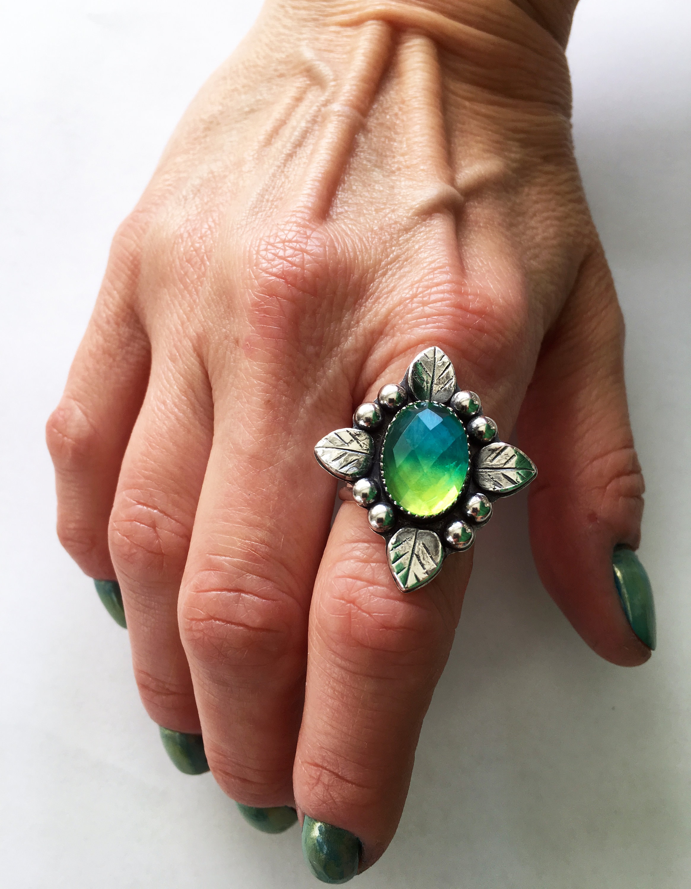 Green Faceted Quartz Ring Leaf Ring With Gemstone In Silver | Etsy