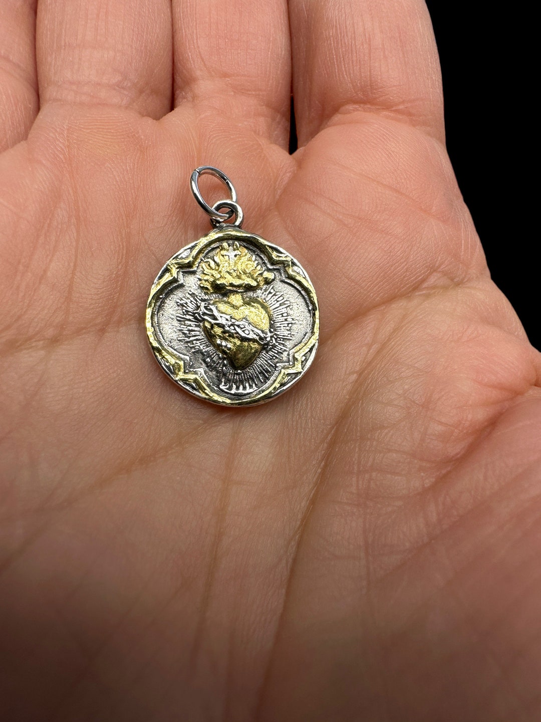 Sacred Heart Charm/ Sacred Heart/ Silver and Gold Heart Charm/ Flaming ...