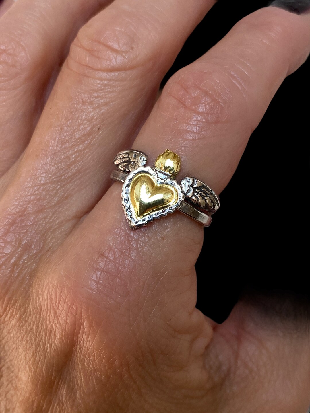 Winged Sacred Heart Ring/ Winged Sacred Heart/ Heart Sacred/ Silver ...