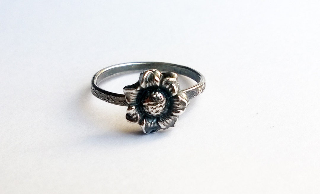 Silver Sunflower Ring, Sunflower Ring, Flower Stacking Ring, Antiqued ...