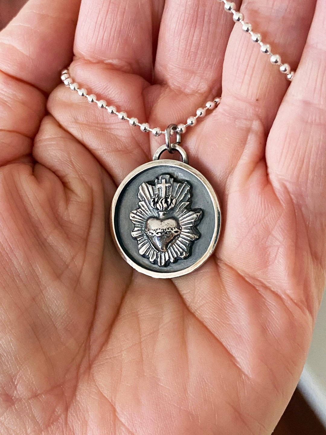 Sacred Heart Pendant, Flaming Heart Pendant, Sacred Heart Charm ...