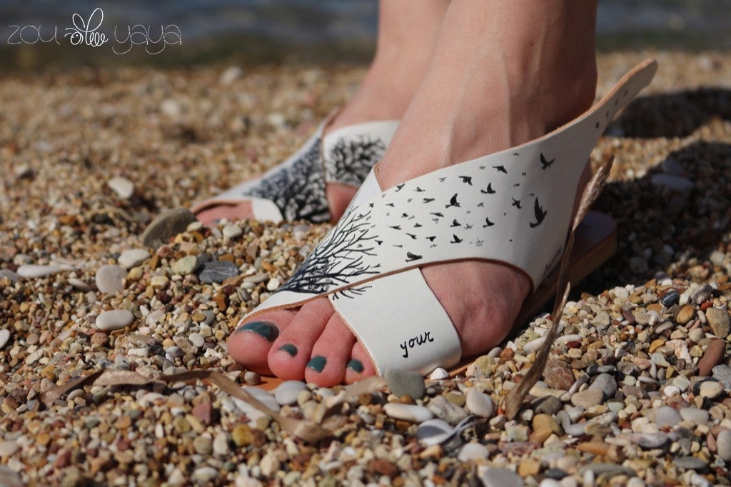 Handpainted Cross Strapped Flat Genuine Leather Sandals. - Etsy