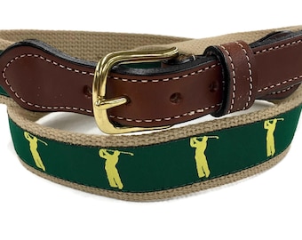 Golf Clubs Green Ribbon Men's Cotton Web Leather Belt - Etsy