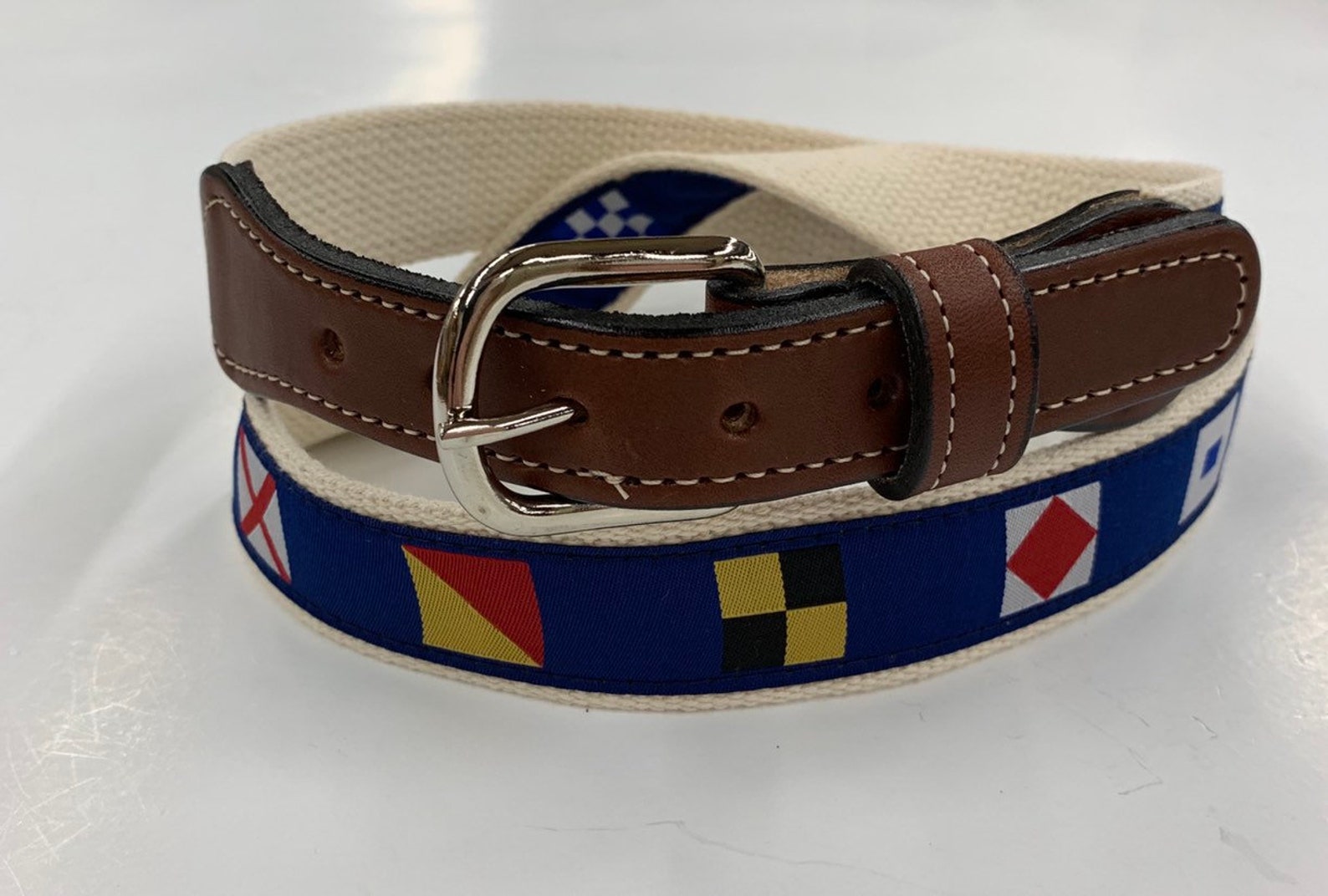 Coastal Nautical Flag Ribbon on Cotton Web Leather Belt - Etsy