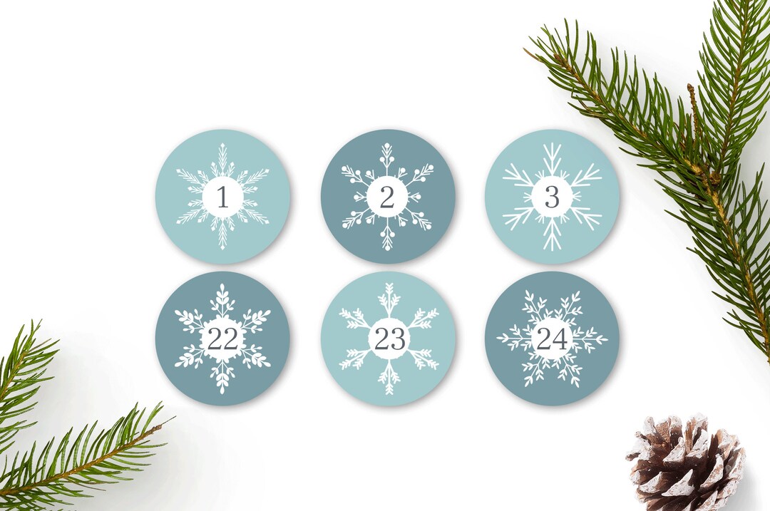 Snowflake Advent Calendar Numbers Stickers Blue, Round Advent Numbers ...