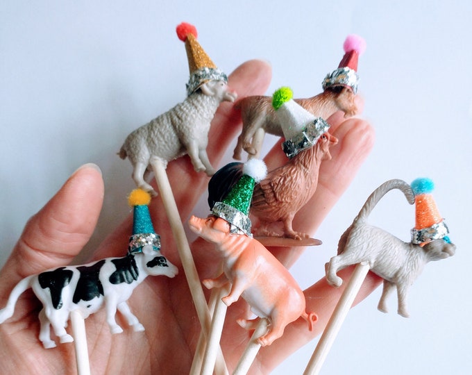 Mini Cake Topper Farm Animal Set, Animals Wearing Party Hats, Comes ...