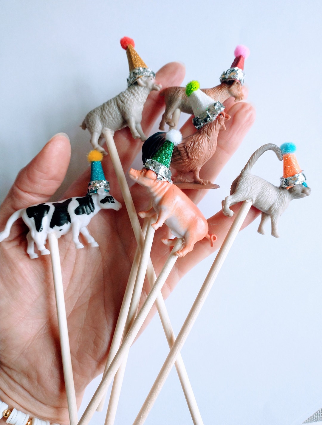 Mini Cake Topper Farm Animal Set, Animals Wearing Party Hats, Comes ...