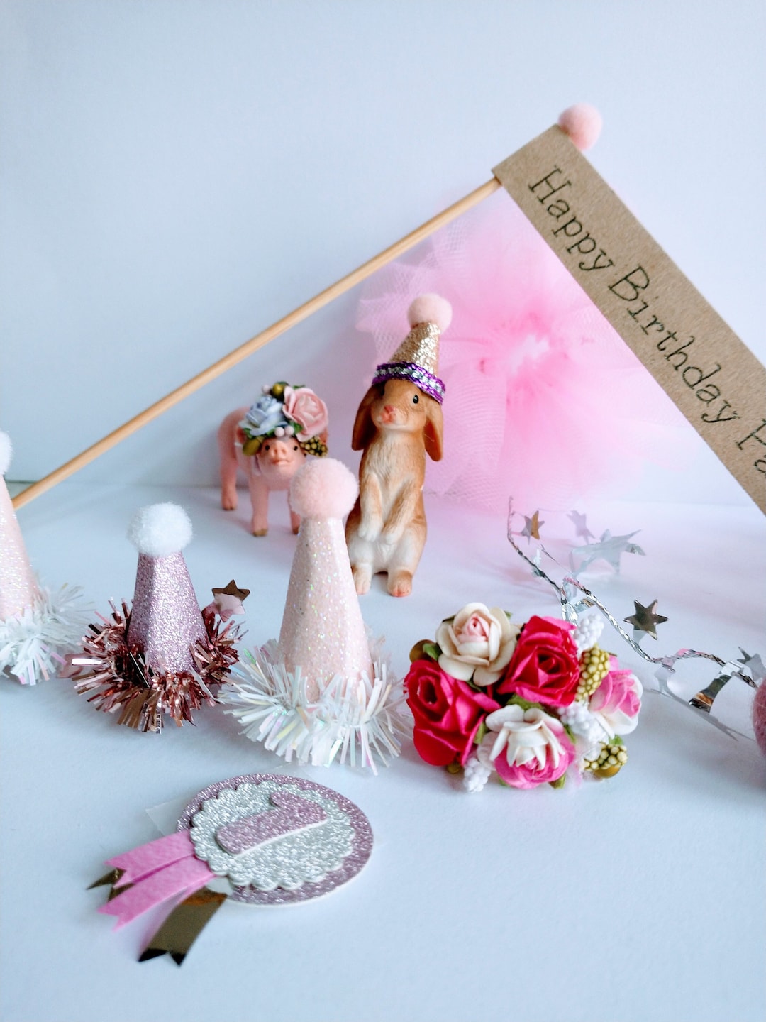 Animal Cake Topper Accessory Set: Mini Party Hats, Floral Crown - Etsy