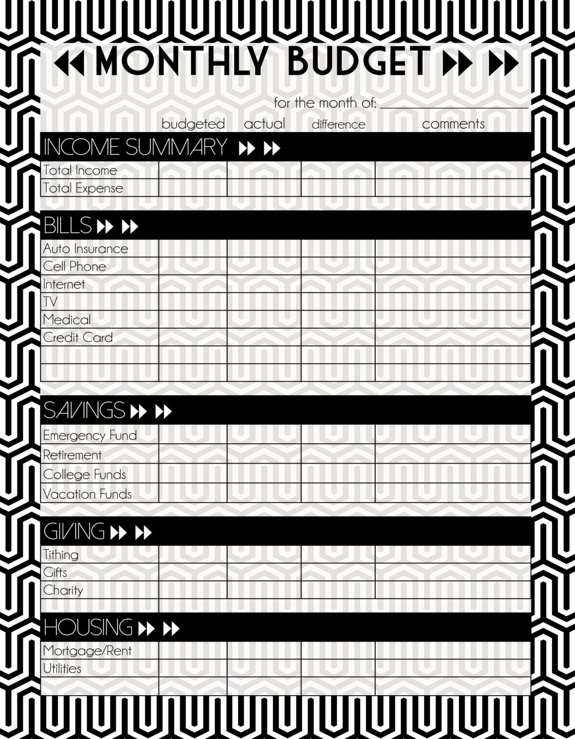 Black and White Modern Monthly Budget Printable - Etsy