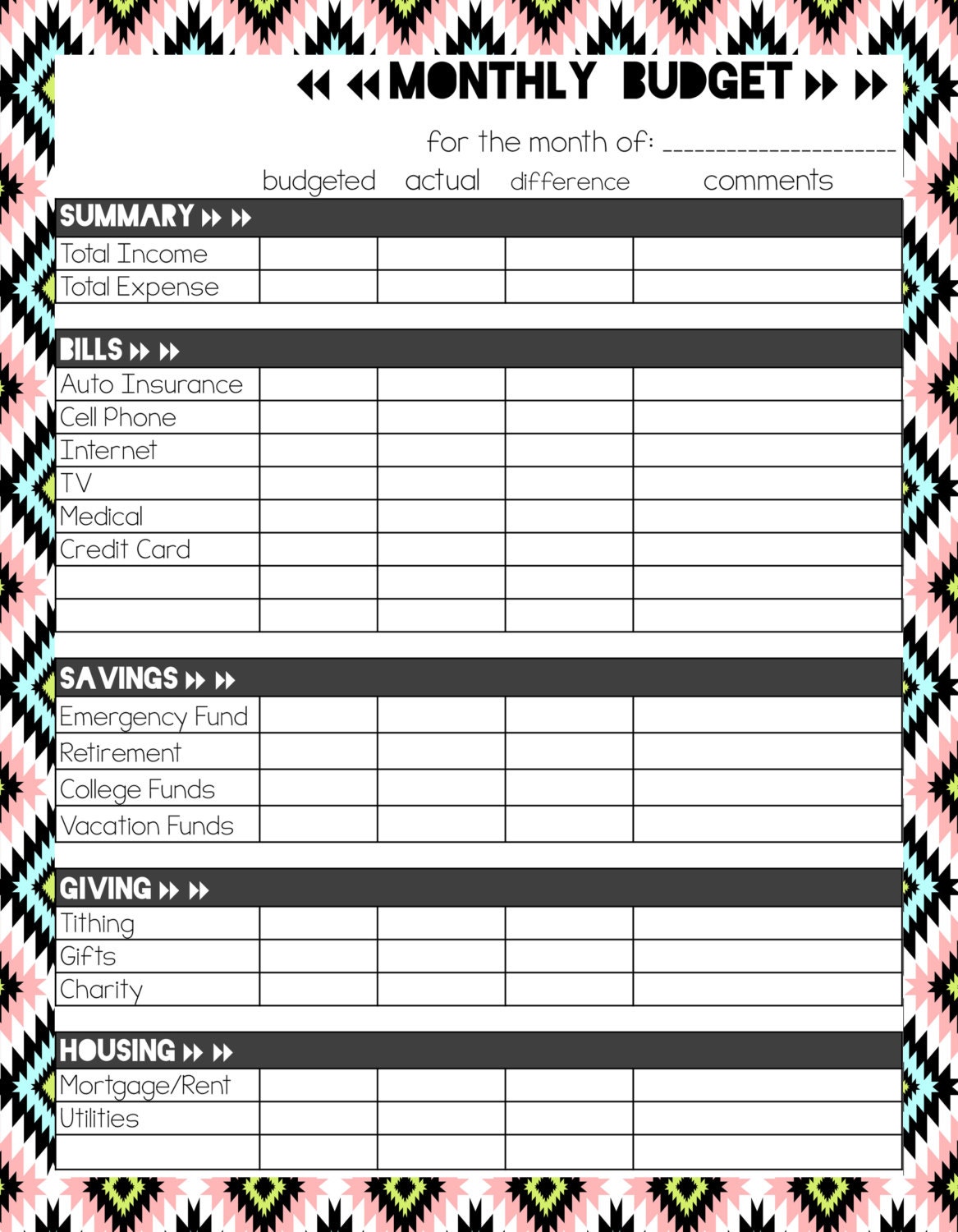 Printable Monthly Budget / Finance Planner - Etsy