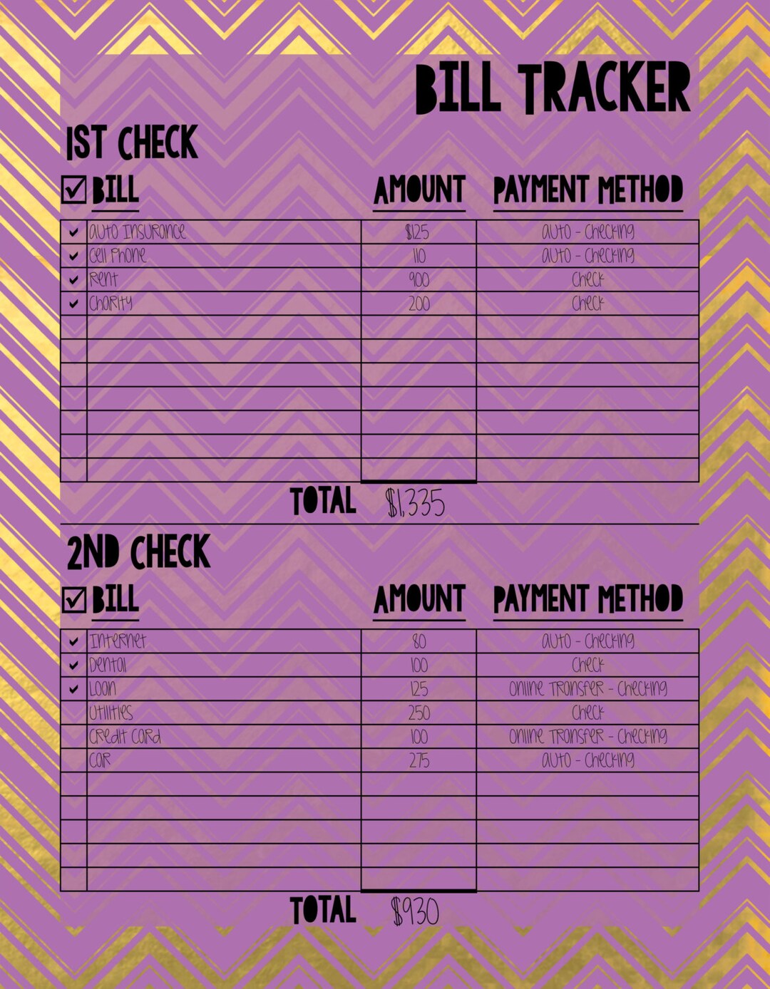 Purple and Gold Chevron Bill Tracker - Budget Planner - Etsy