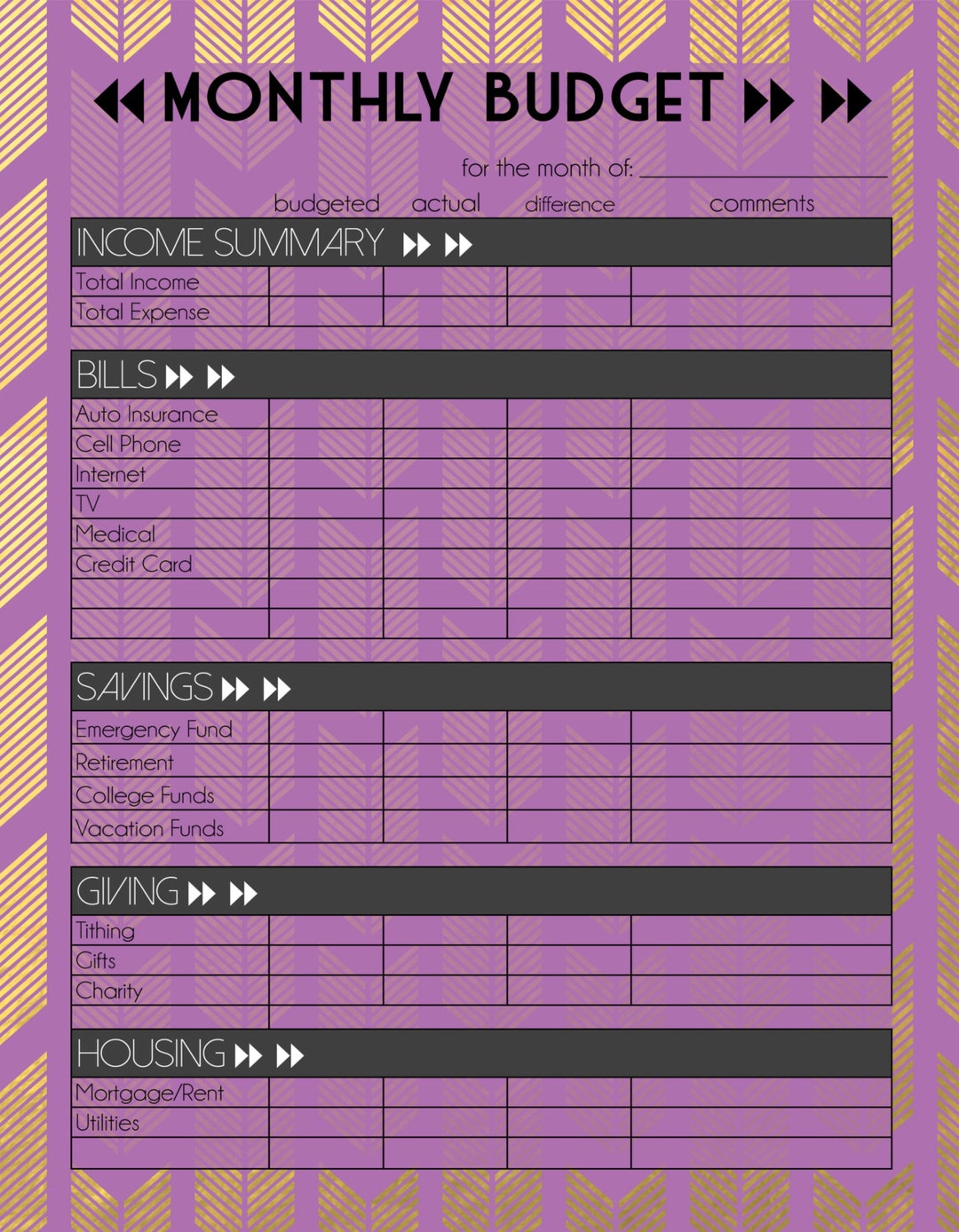 Purple and Gold Arrows Budget Printable - Etsy