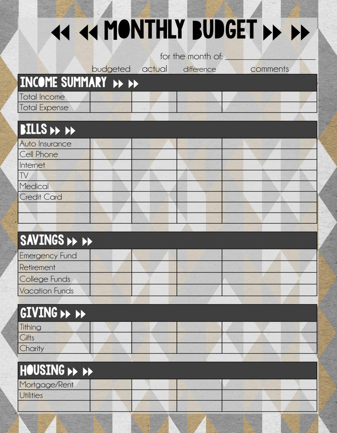 Modern Blank and Basic Monthly Printable Budget - Etsy