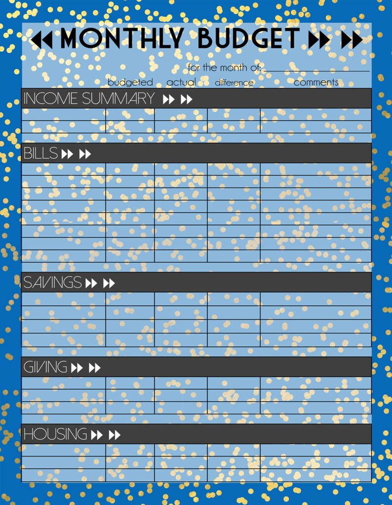 Blue and Gold Dots Budget Planner - Blank and Filled In - Etsy