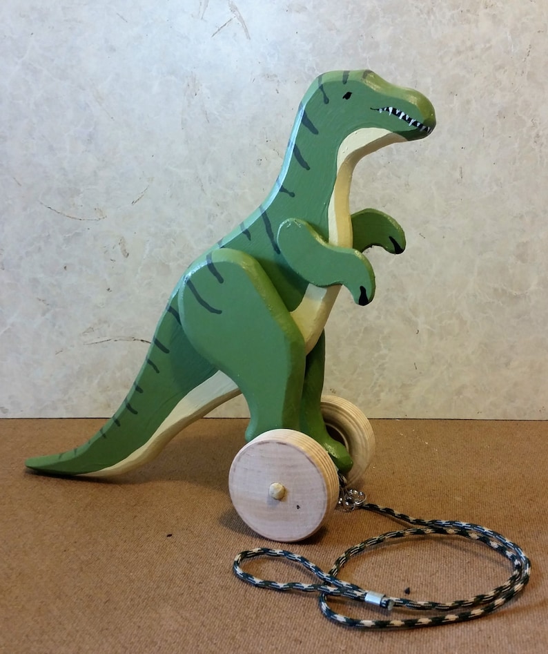 Large Wooden T-rex Dinosaur Rolling Toy With Optional Pull String for ...