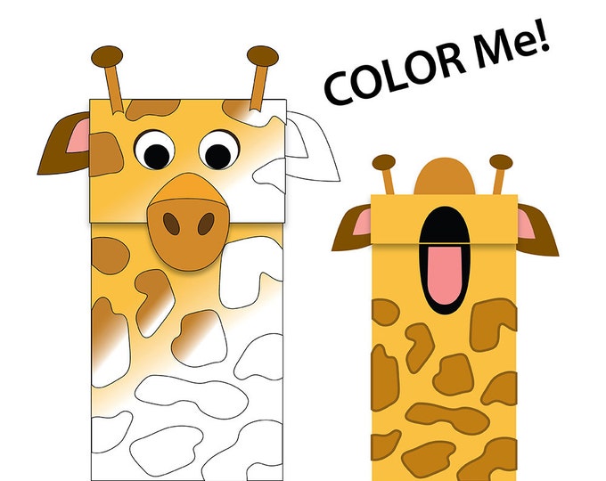 Giraffe Paper Bag Puppet Black & White for Coloring Printable Kid's ...