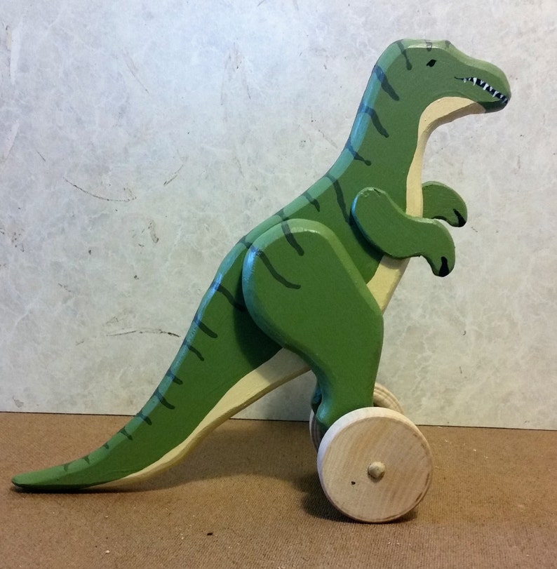 Large Wooden T-rex Dinosaur Rolling Toy With Optional Pull String for ...