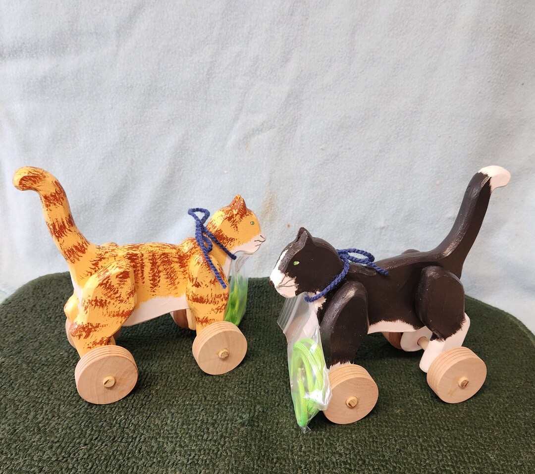 Large Wooden Cat Rolling Toy With Optional Pull String for Toddlers and ...