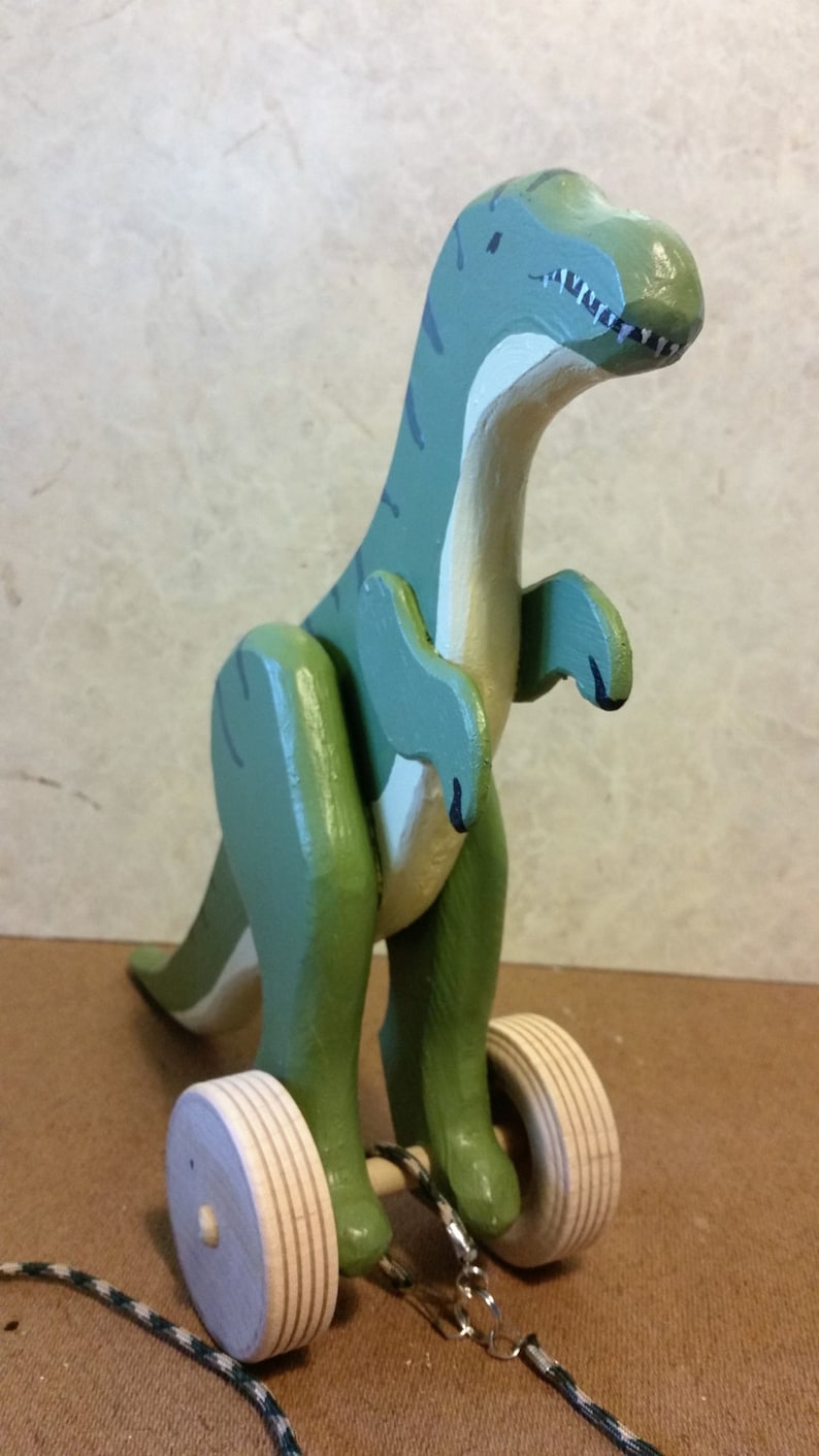 Large Wooden T-rex Dinosaur Rolling Toy With Optional Pull String for ...
