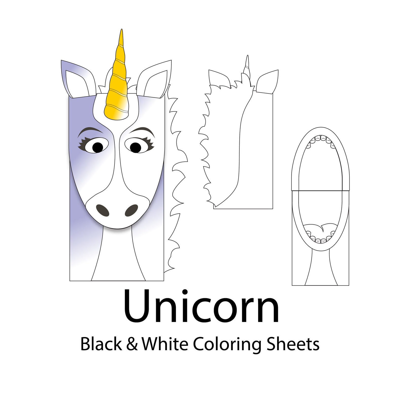 Unicorn Paper Bag Puppet - BLANK for Coloring - Downloadable PDF - Kid ...