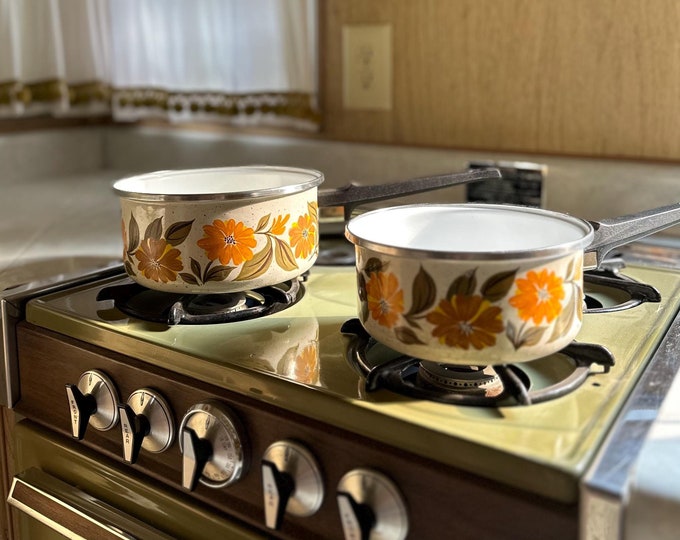 Vintage JMP Capri Cookware Set, Enamel Orange Floral 1970s, Handled ...