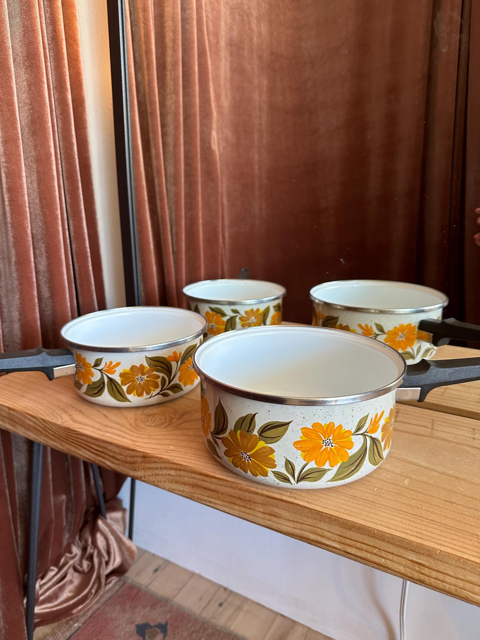Vintage JMP Capri Cookware Set, Enamel Orange Floral 1970s, Handled ...