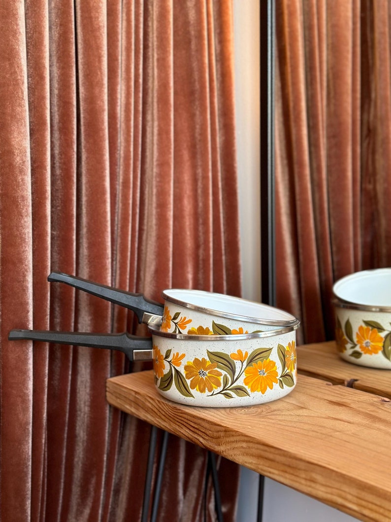 Vintage JMP Capri Cookware Set, Enamel Orange Floral 1970s, Handled ...