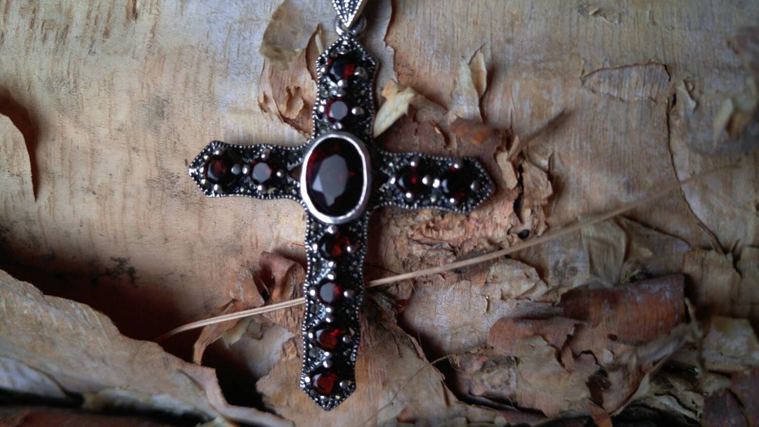 Large Cross Necklace ~ Rare Garnet Cross Necklace ~ Garnet Cross ...